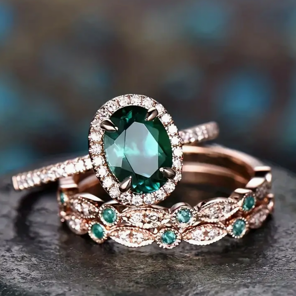 Vintage Green Zirconia Rose Gold Ring Set – KatieLucy