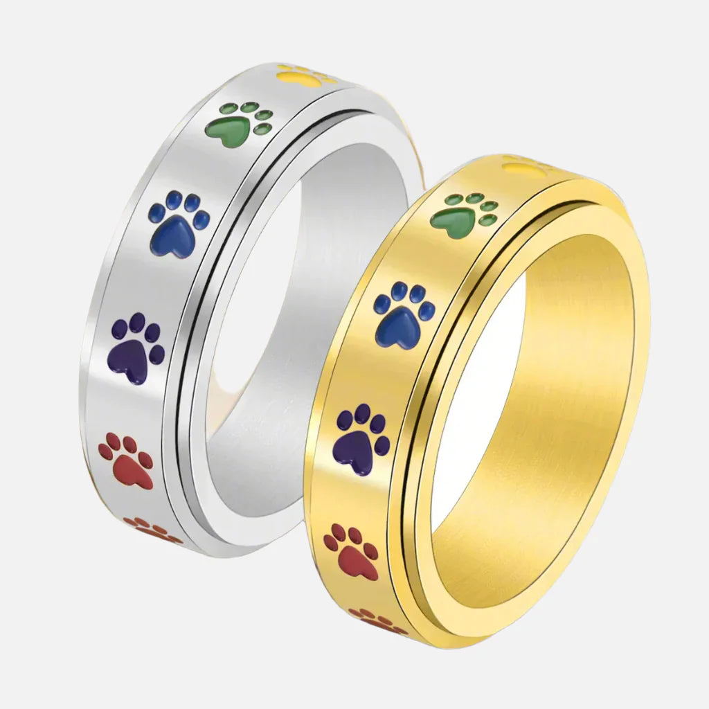 Spinning Stress Reducing Paw Ring – Stainless Steel with Rainbow Paws ...